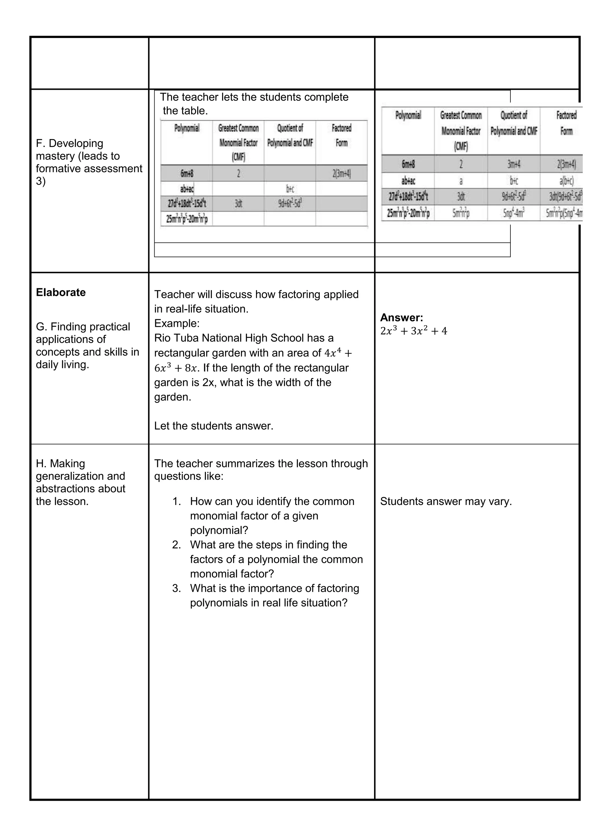 LESSON PLAN IN GRADE 8 MATH FACTORING BY GCMF | DOCX