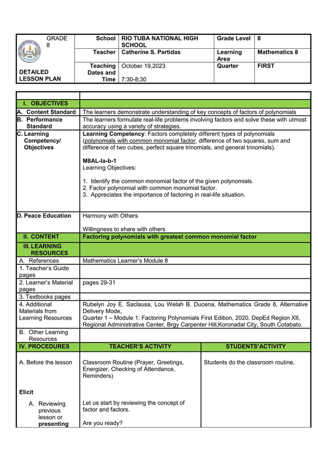 LESSON PLAN IN GRADE 8 MATH FACTORING BY GCMF | DOCX | Educational ...
