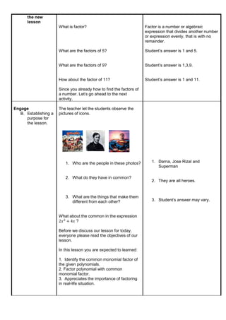LESSON PLAN IN GRADE 8 MATH FACTORING BY GCMF | DOCX