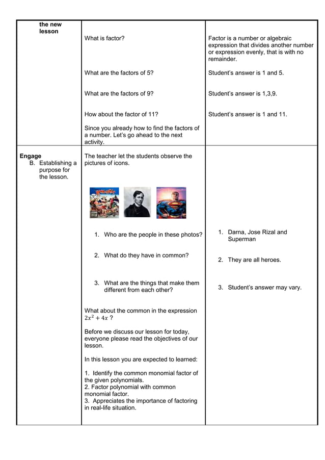 LESSON PLAN IN GRADE 8 MATH FACTORING BY GCMF | DOCX | Educational ...