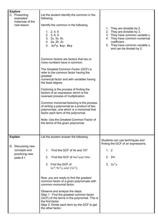 LESSON PLAN IN GRADE 8 MATH FACTORING BY GCMF | DOCX
