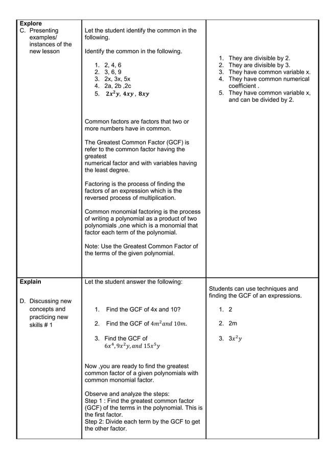 LESSON PLAN IN GRADE 8 MATH FACTORING BY GCMF | DOCX | Educational ...