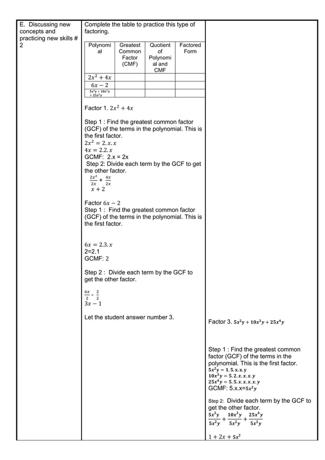 LESSON PLAN IN GRADE 8 MATH FACTORING BY GCMF | DOCX | Educational ...