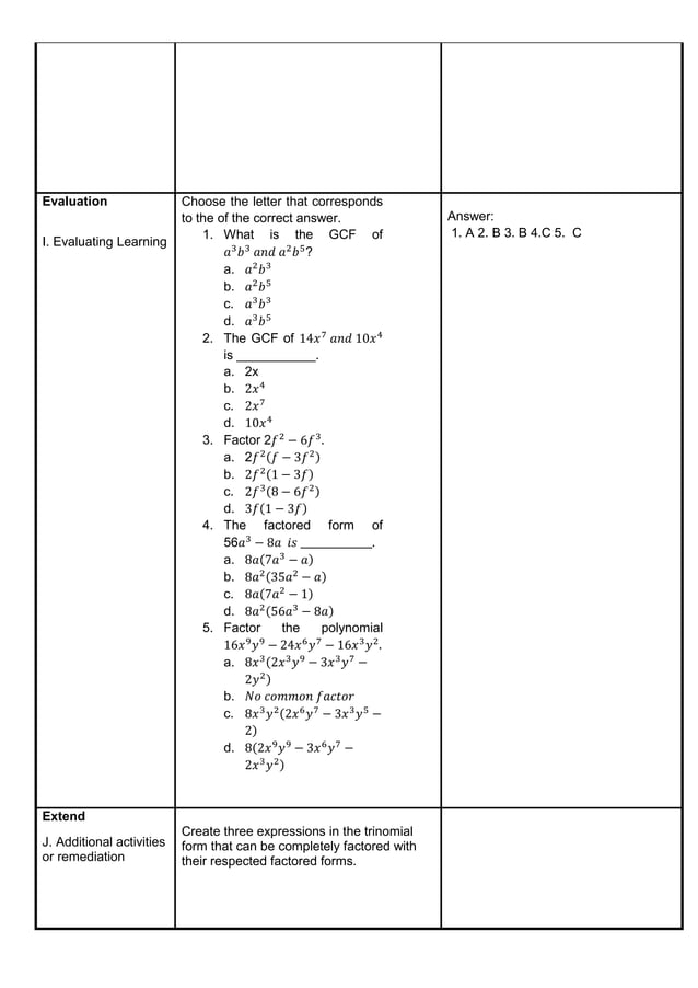 LESSON PLAN IN GRADE 8 MATH FACTORING BY GCMF | DOCX | Educational ...