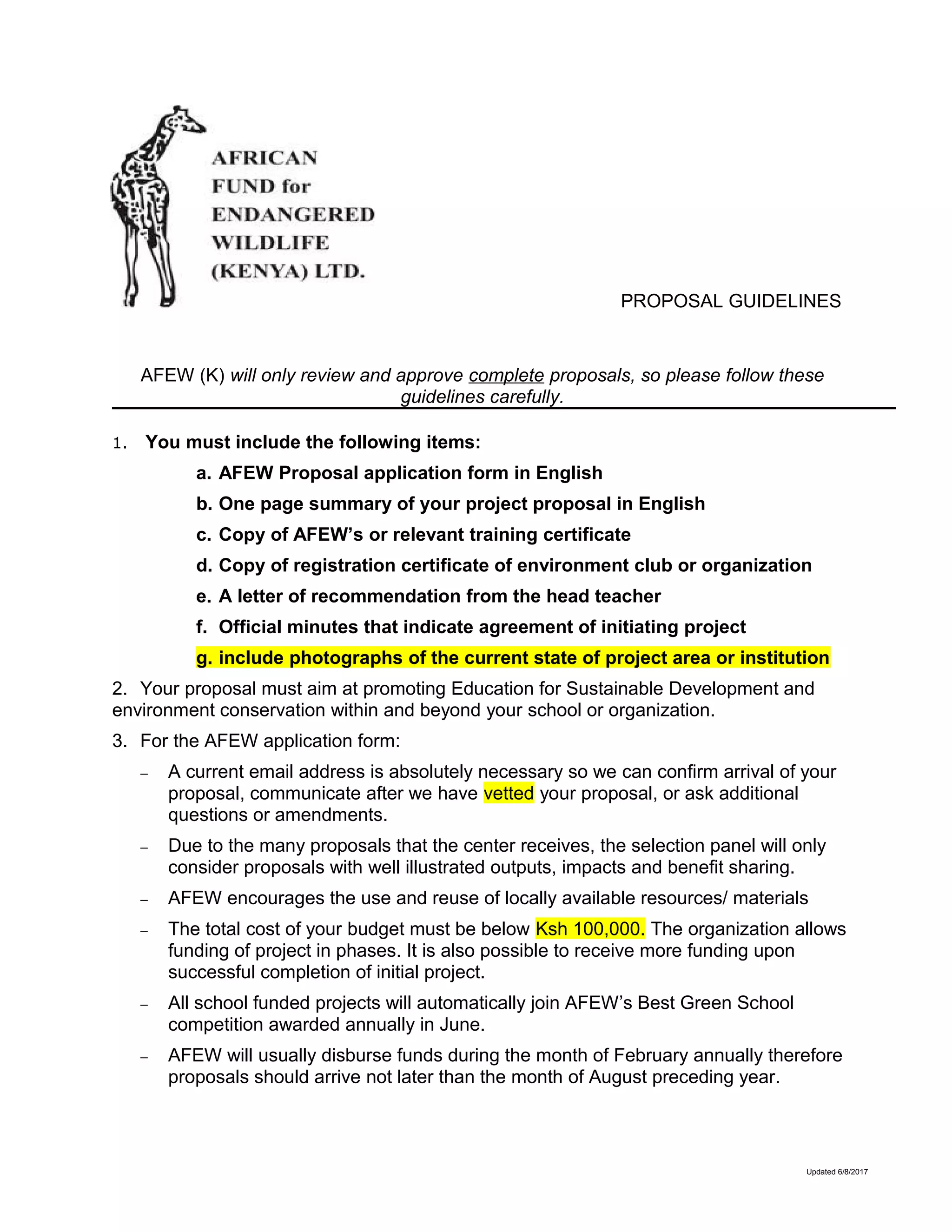 AFEW Kenya: Giraffe Centre Proposal Guidelines | DOC