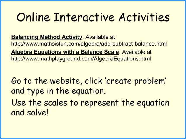 Solving equations using the balancing method | PPT