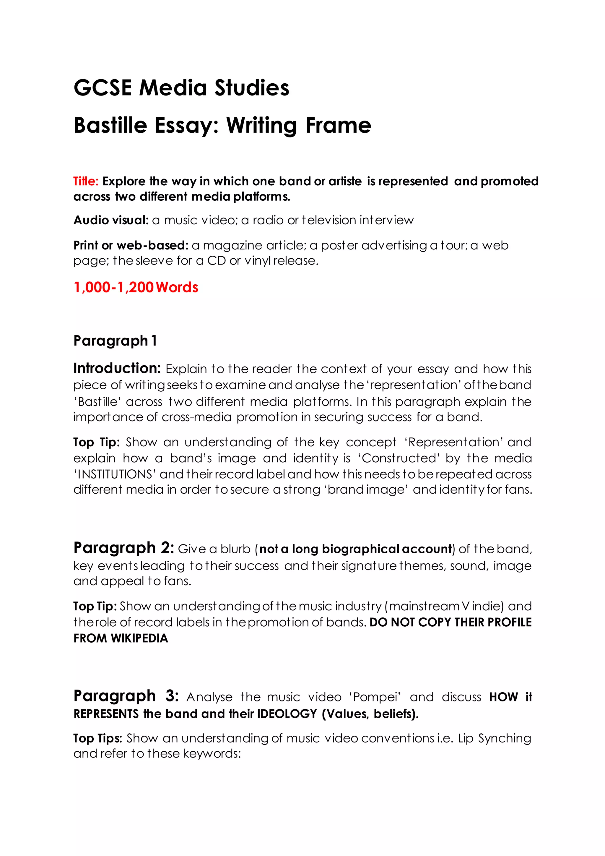 GCSE Media Studies Bastille essay writing frame | DOCX