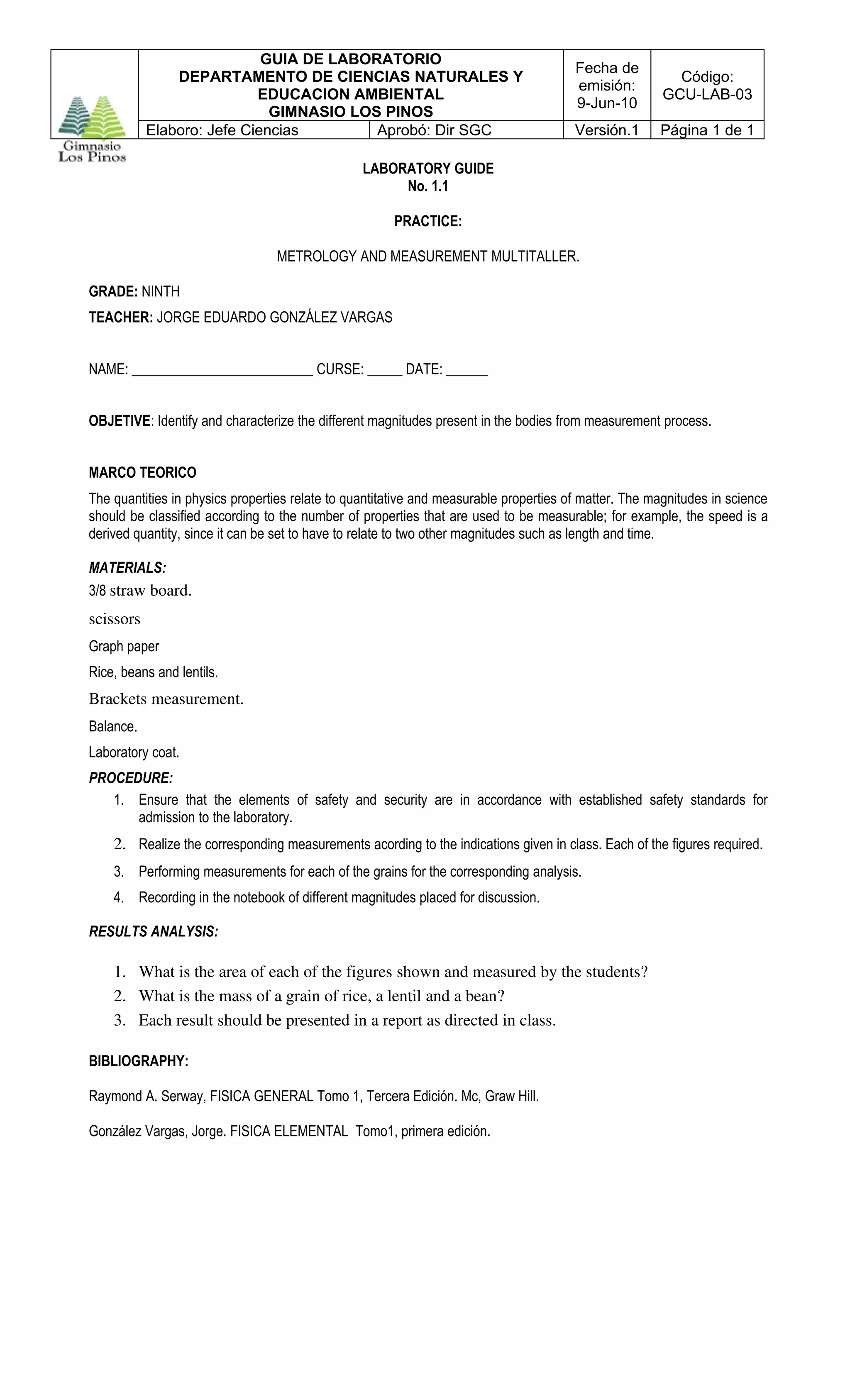 Gcu lab-03 laboratory guide ninth grade metrology | DOC