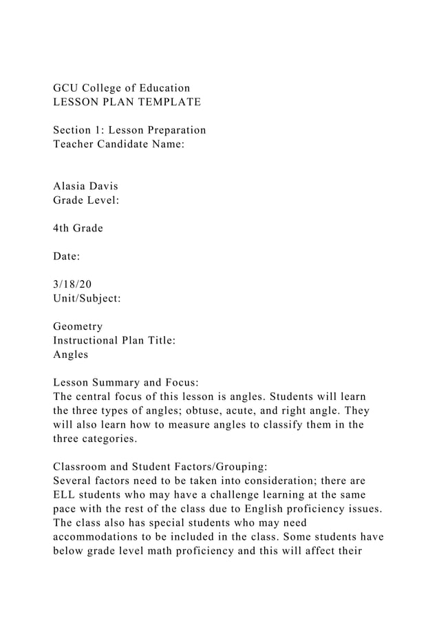 GCU College of EducationLESSON PLAN TEMPLATESection 1 Lesso.docx