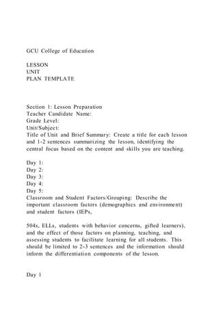 GCU College of EducationLESSON UNIT PLAN TEMPLATE | DOCX