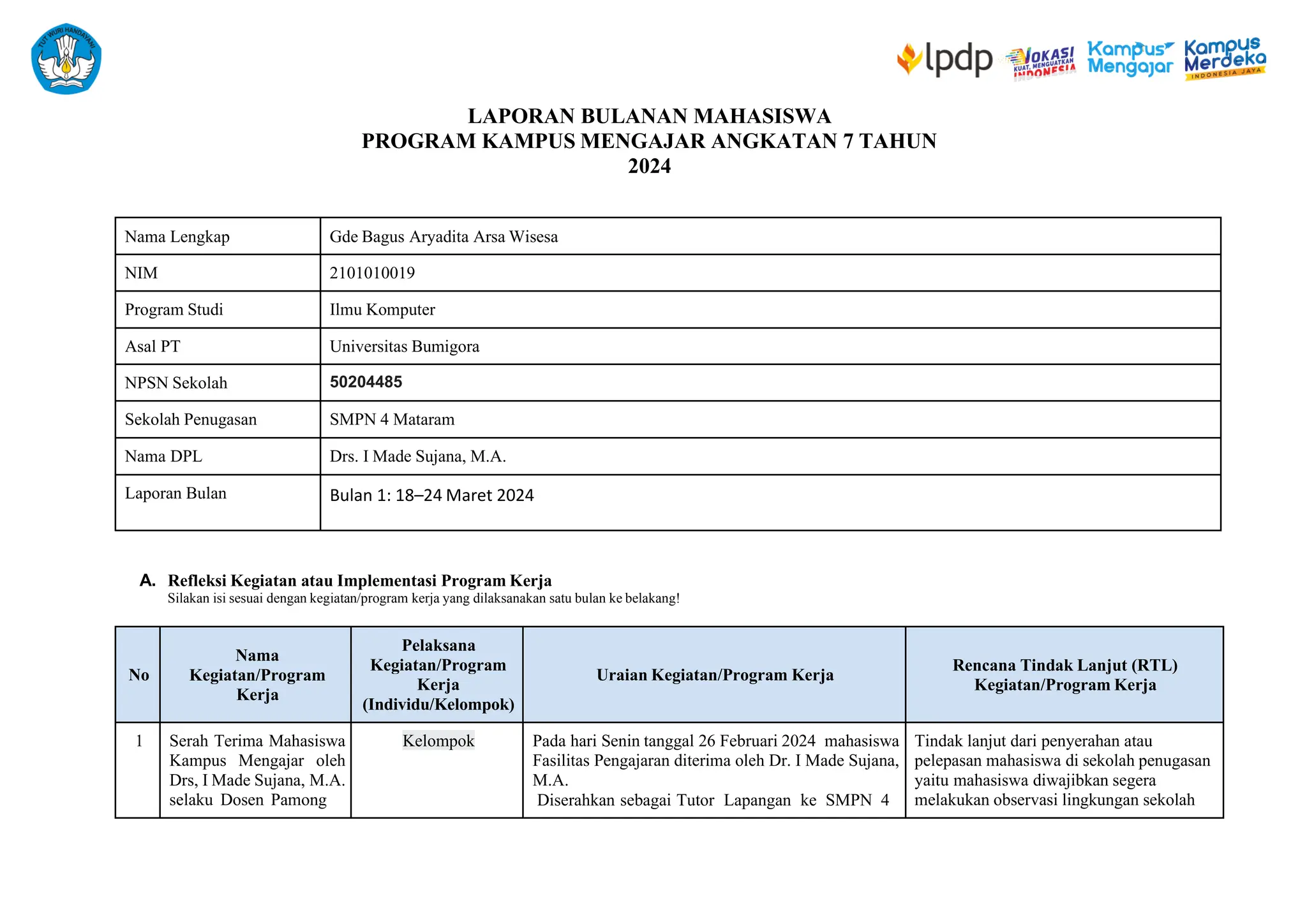 File Laporan Bulan Pertama Kampus Mengajar Angkatan 7 Oleh Kemendikbudristek Kampus Merdeka | PDF