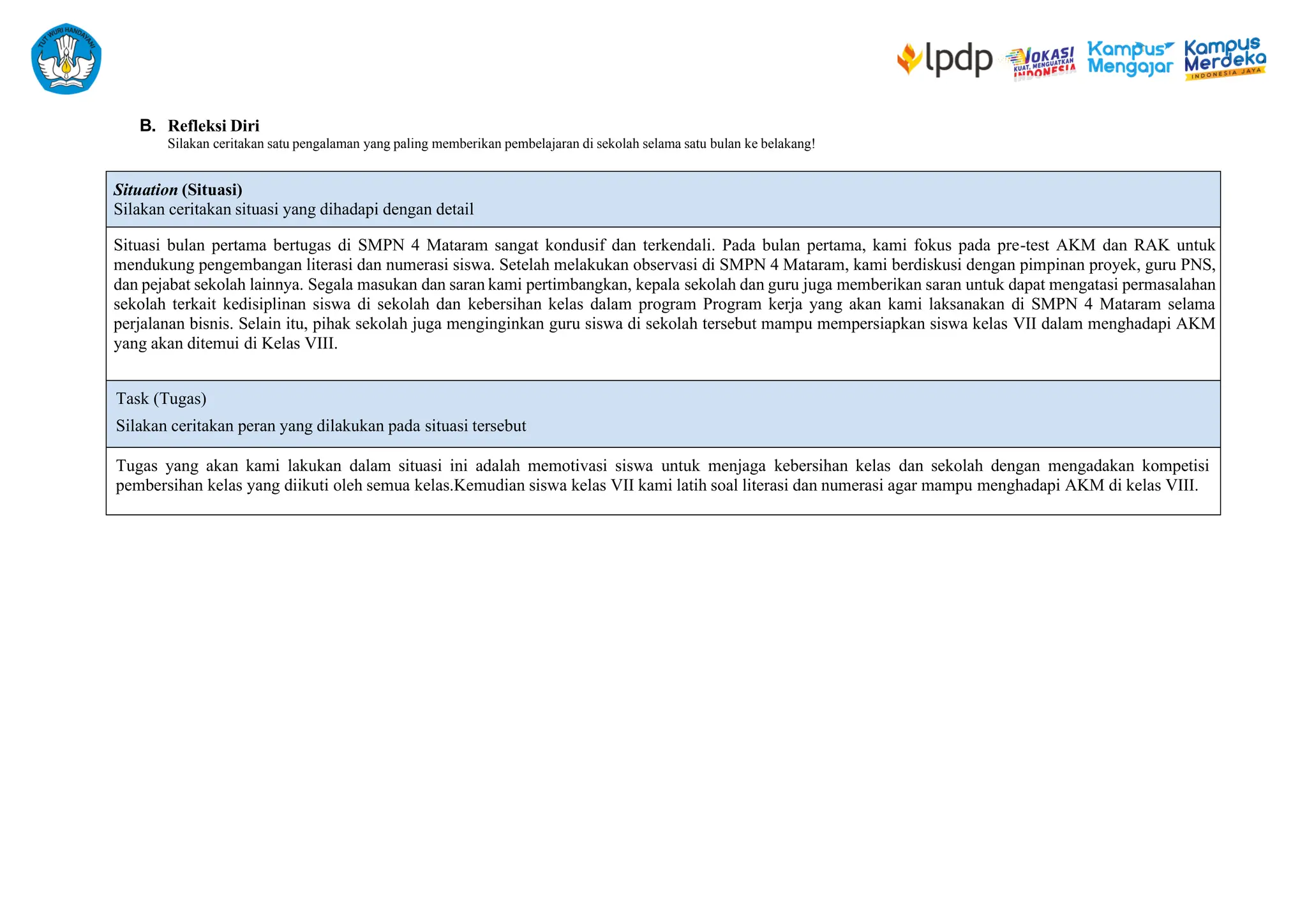 File Laporan Bulan Pertama Kampus Mengajar Angkatan 7 Oleh Kemendikbudristek Kampus Merdeka | PDF