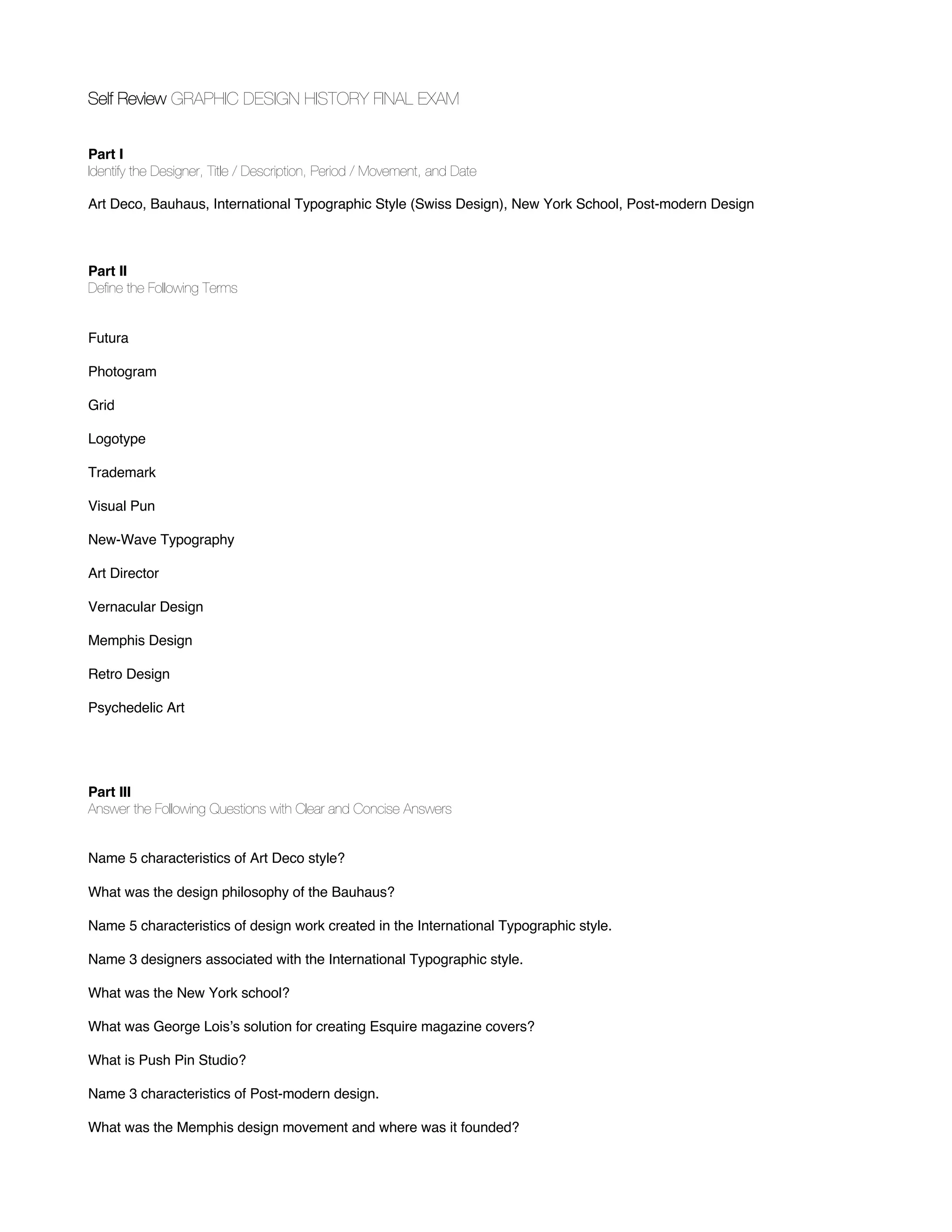 Final Exam Self-Study Questions | PDF | Design | Fine Art