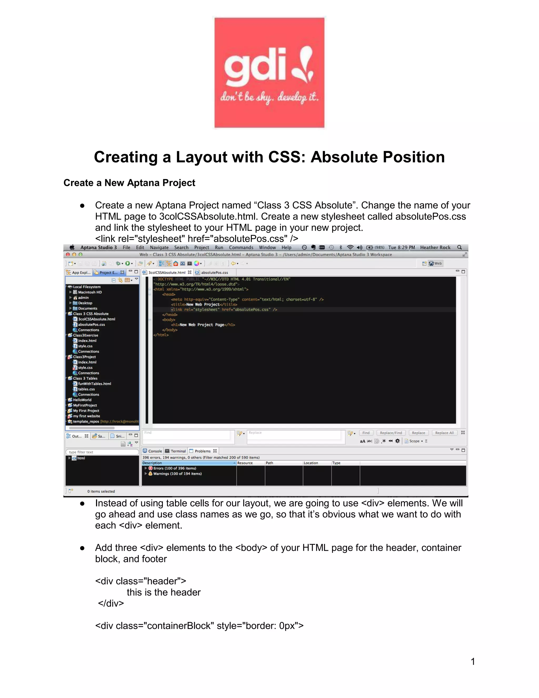 Class 3 create an absolute layout with css abs position (aptana) | PDF