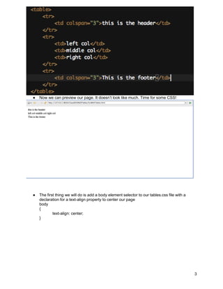 Class 3 Intro to HTML/ CSS Gdi cincinnati create a table layout with html (aptana) | PDF