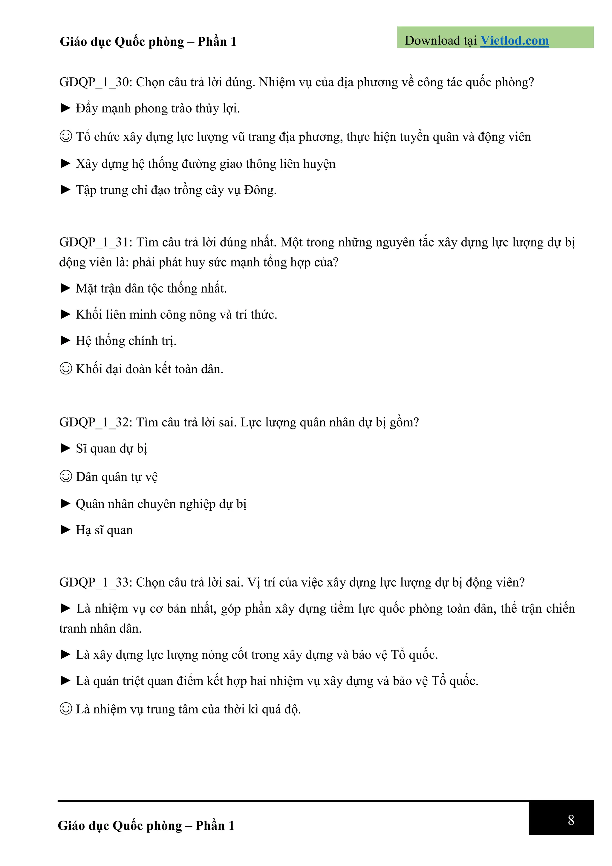 Bộ đề trắc nghiệm Giáo dục Quốc phòng - phần 1 | PDF