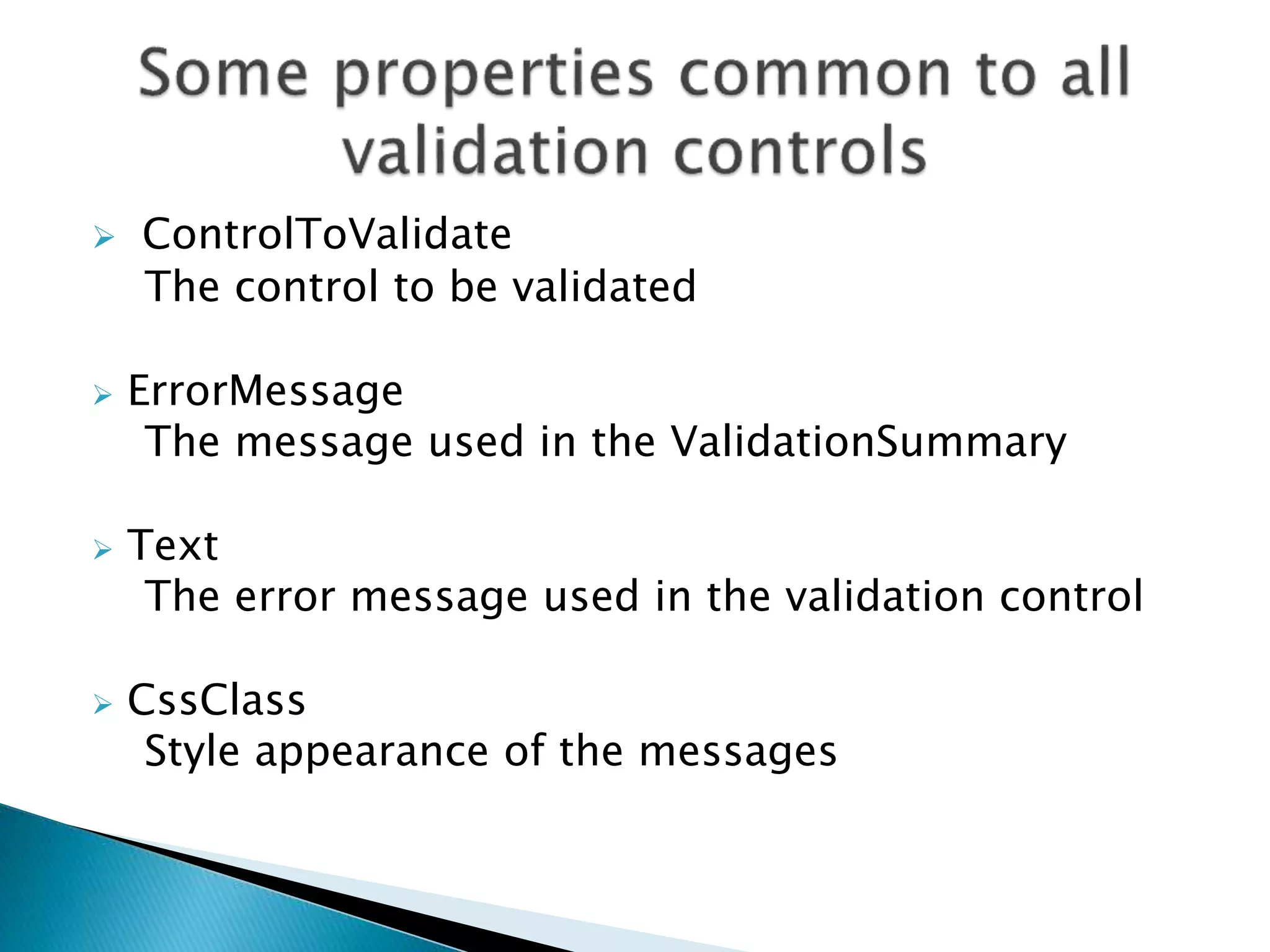 Asp.NET Validation controls | PPTX | Web Design and HTML | Internet