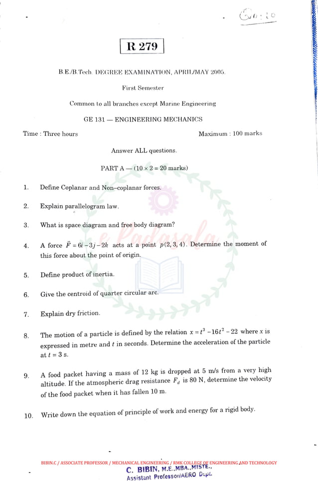 Ge 131 engineering mechanics anna university april may 2005 - solved ...