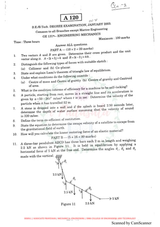 Ge 131 engineering mechanics anna university january 2003 - solved ...
