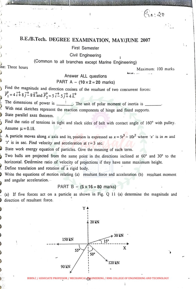Ge 131 engineering mechanics anna university may june 2007 - solved ...