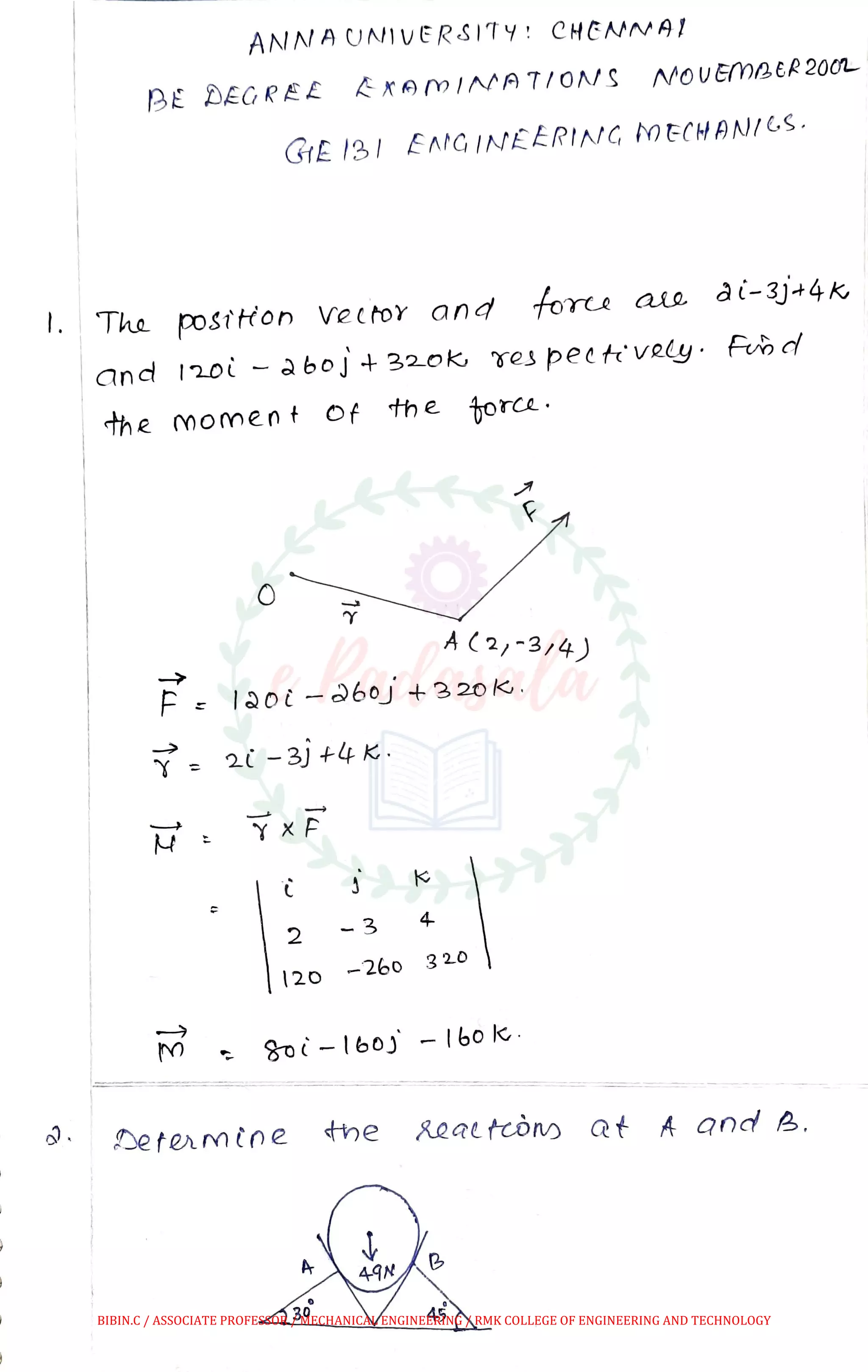 Ge 131 engineering mechanics anna university november december 2002 ...
