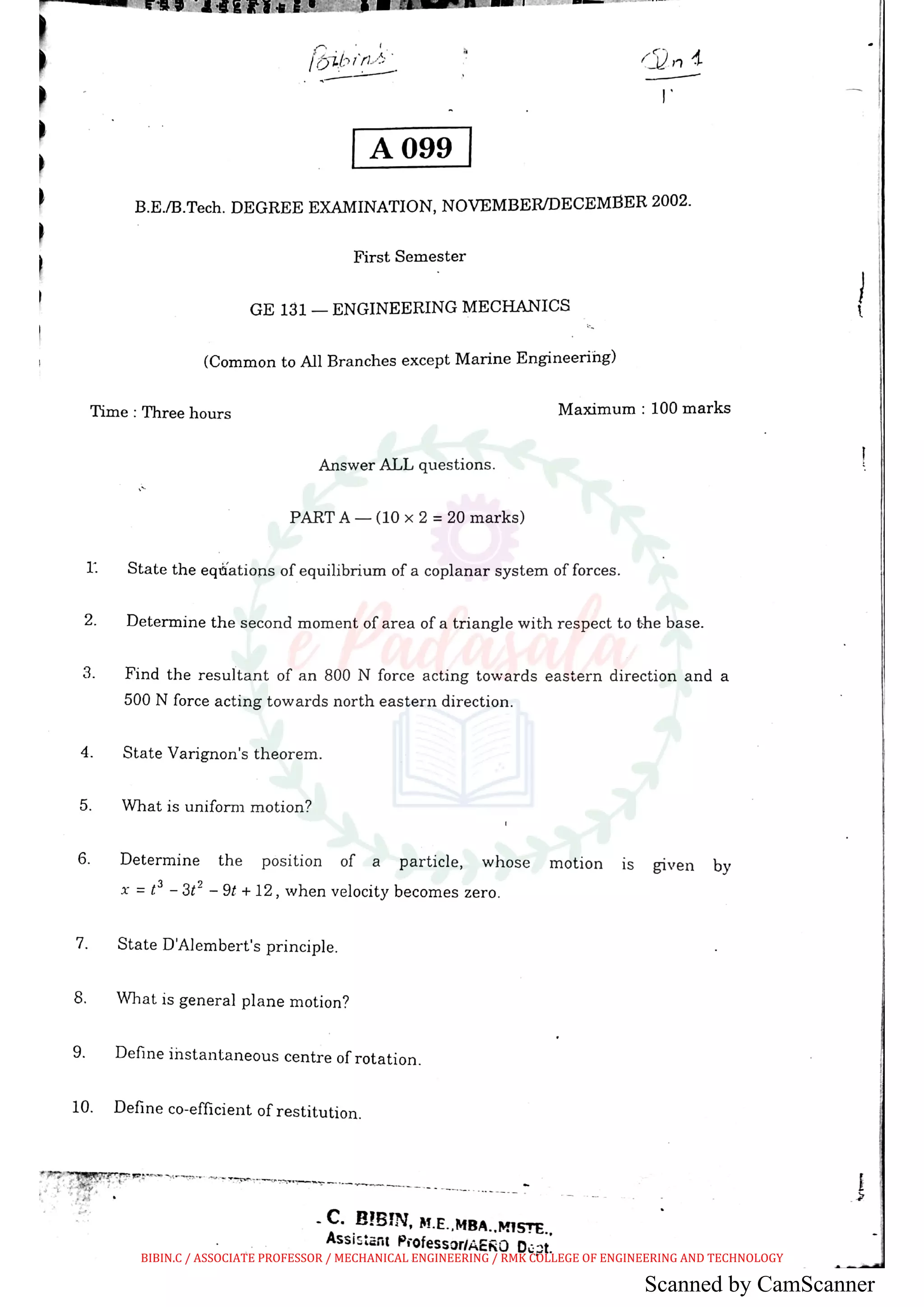 Ge 131 engineering mechanics anna university november december 2002 ...