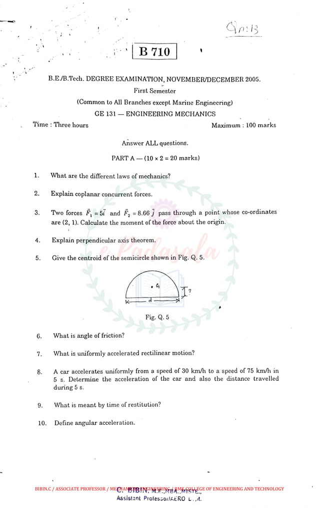 Ge 131 engineering mechanics anna university november december 2005 ...