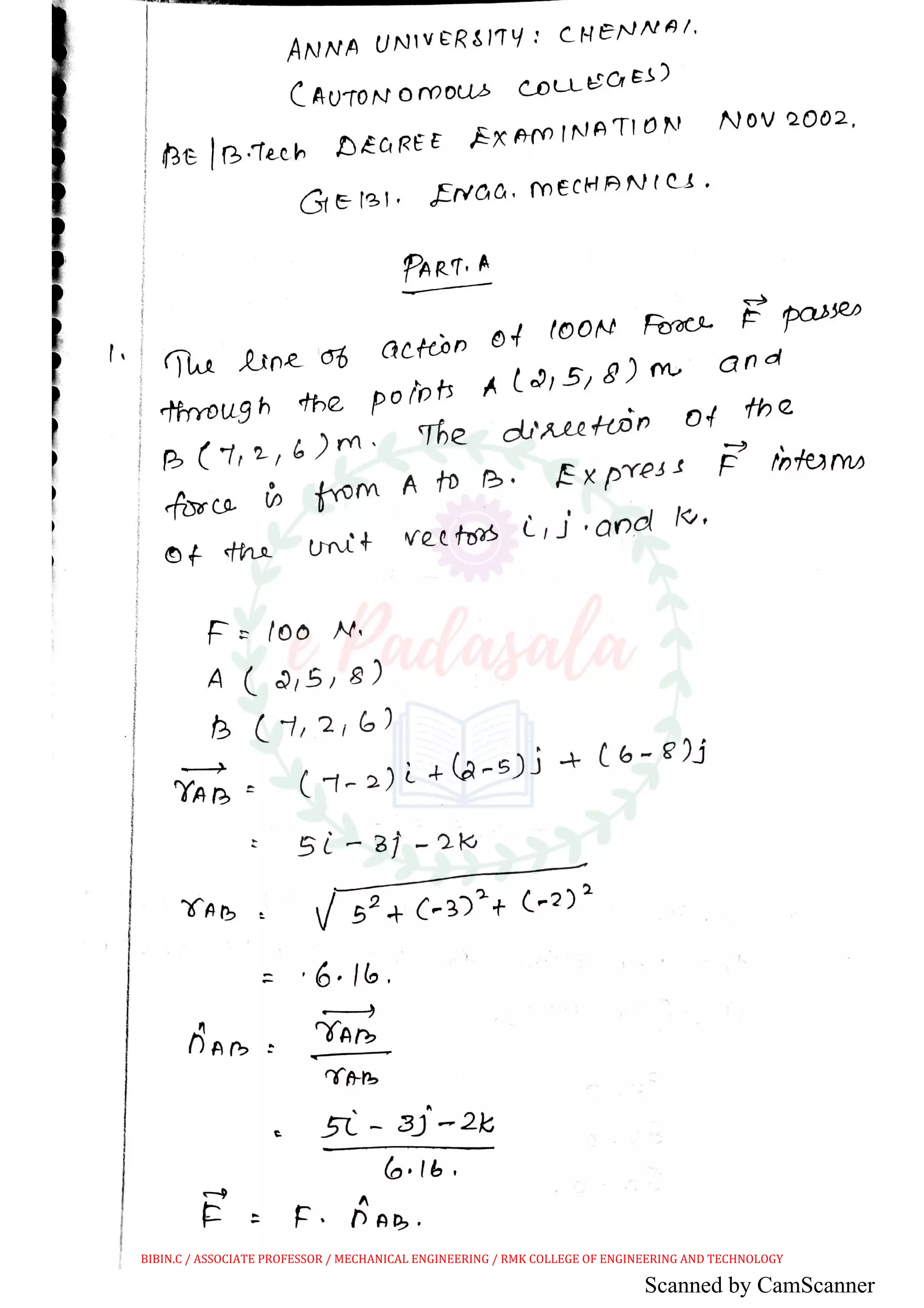 Ge 131 engineering mechanics (a) anna university november december 2002 ...