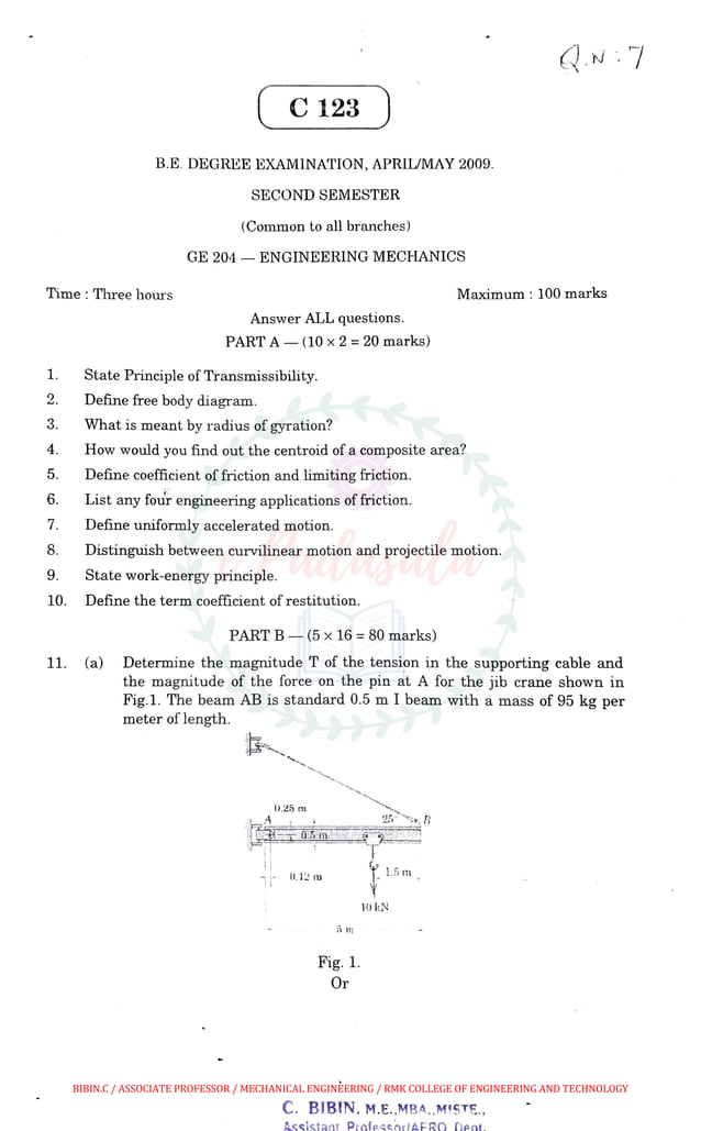 Ge 204 engineering mechanics anna university april may 2009 - solved ...