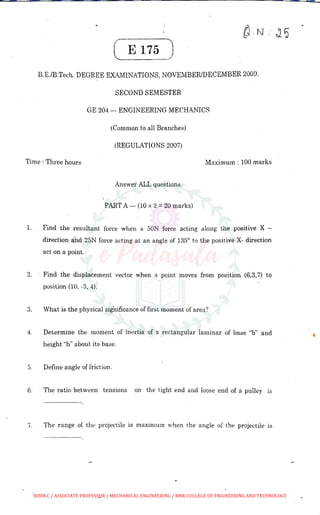 Ge 204 engineering mechanics anna university novemver december 2009 ...