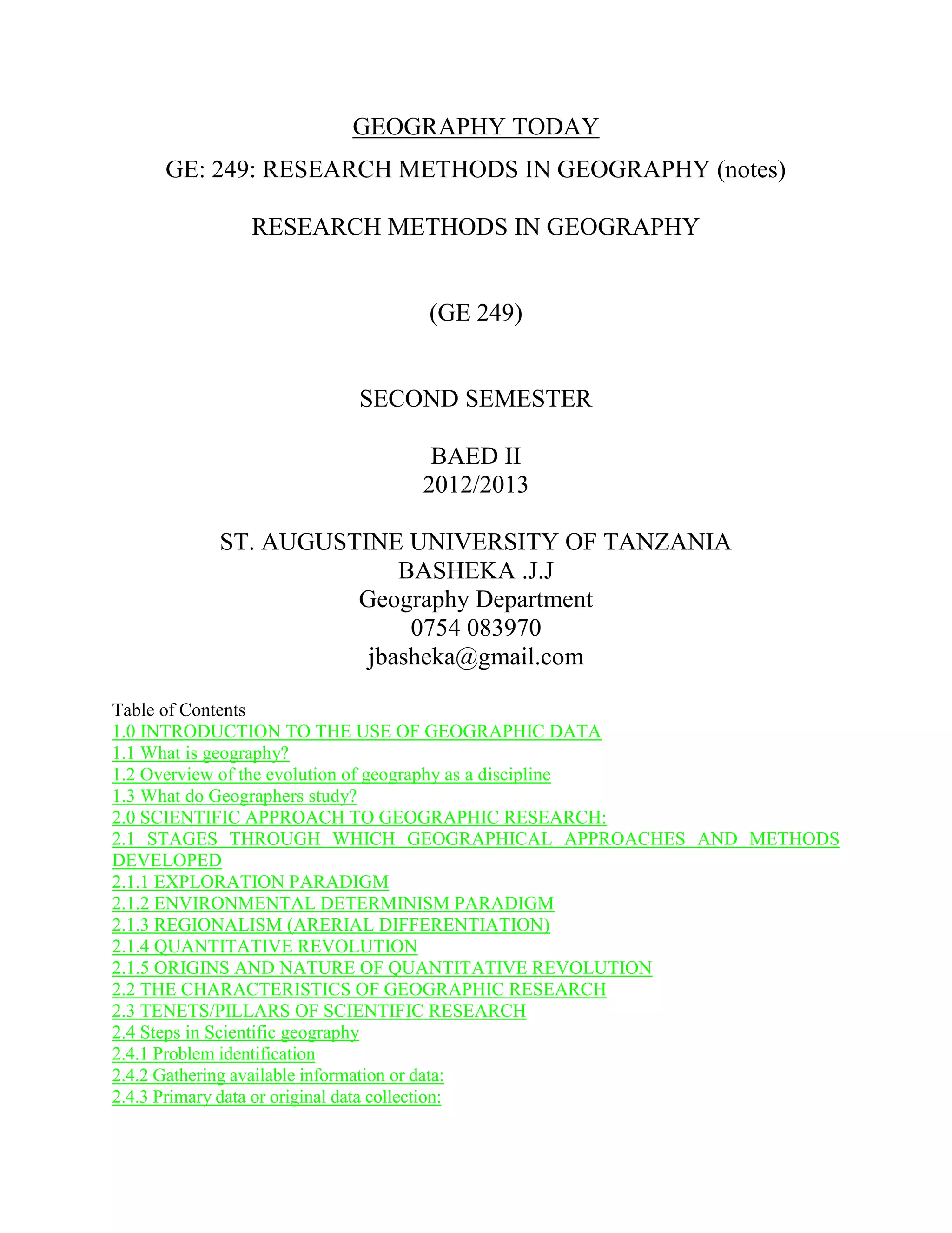 Ge 249 research methods in geography | DOCX