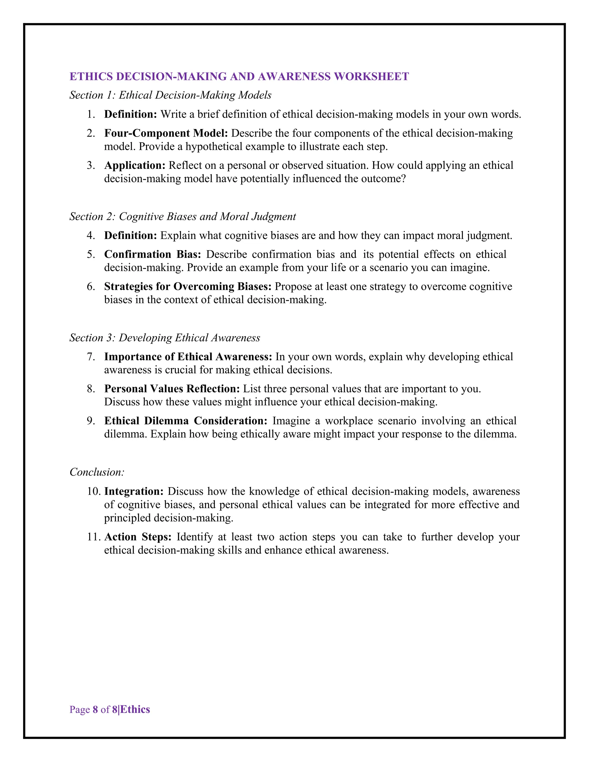 ethics decision making and awareness worksheet | DOCX