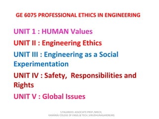GE 6075 PROFESSIONALETHICS IN ENGINEERING UNIT HUMAN VALUES | PPT