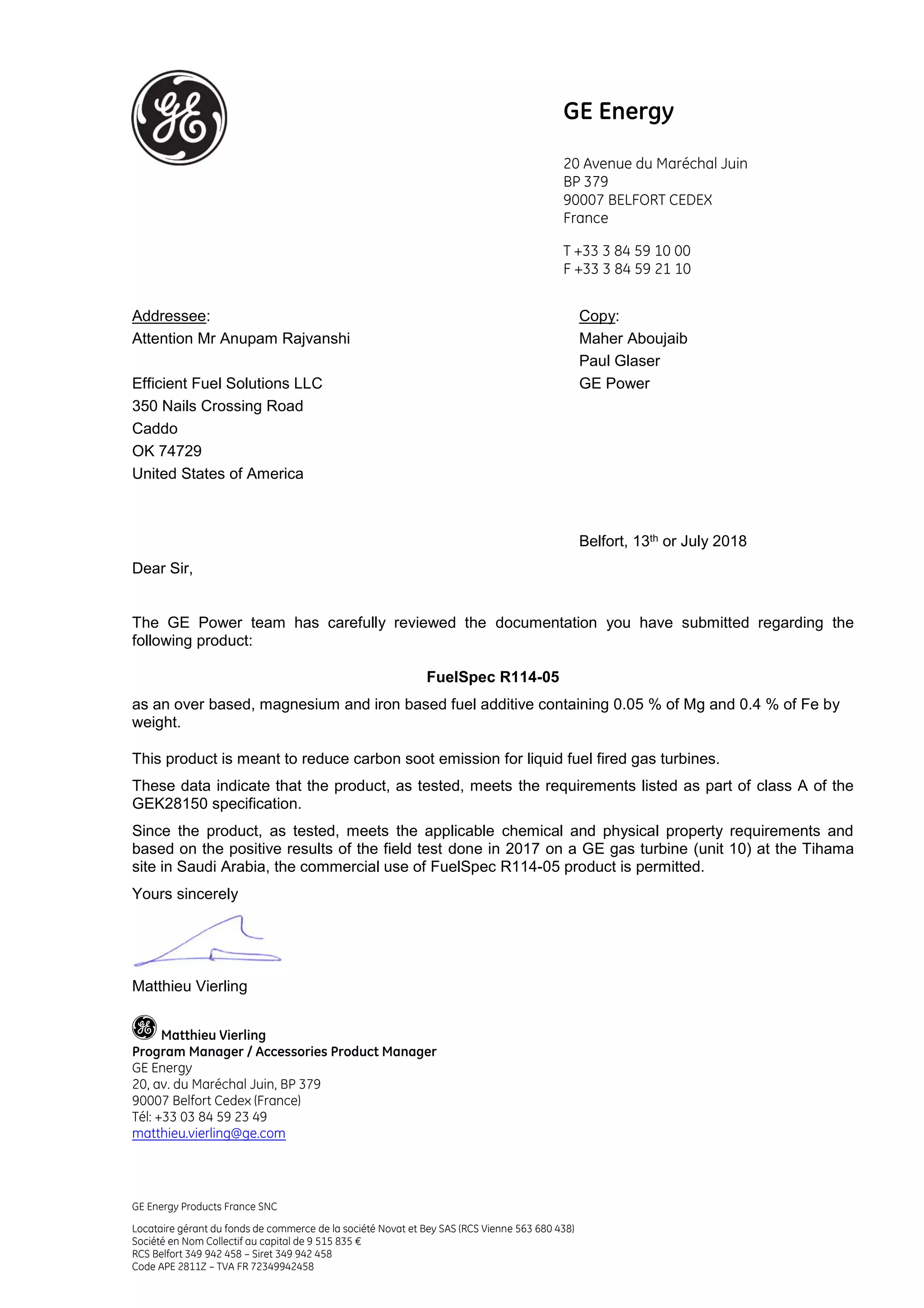 GE Turbine approval letter for Fuelspec | PDF