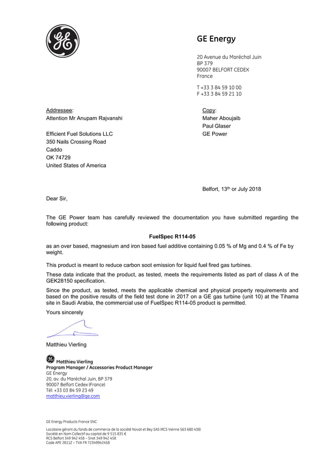 GE Turbine approval letter for Fuelspec | PDF