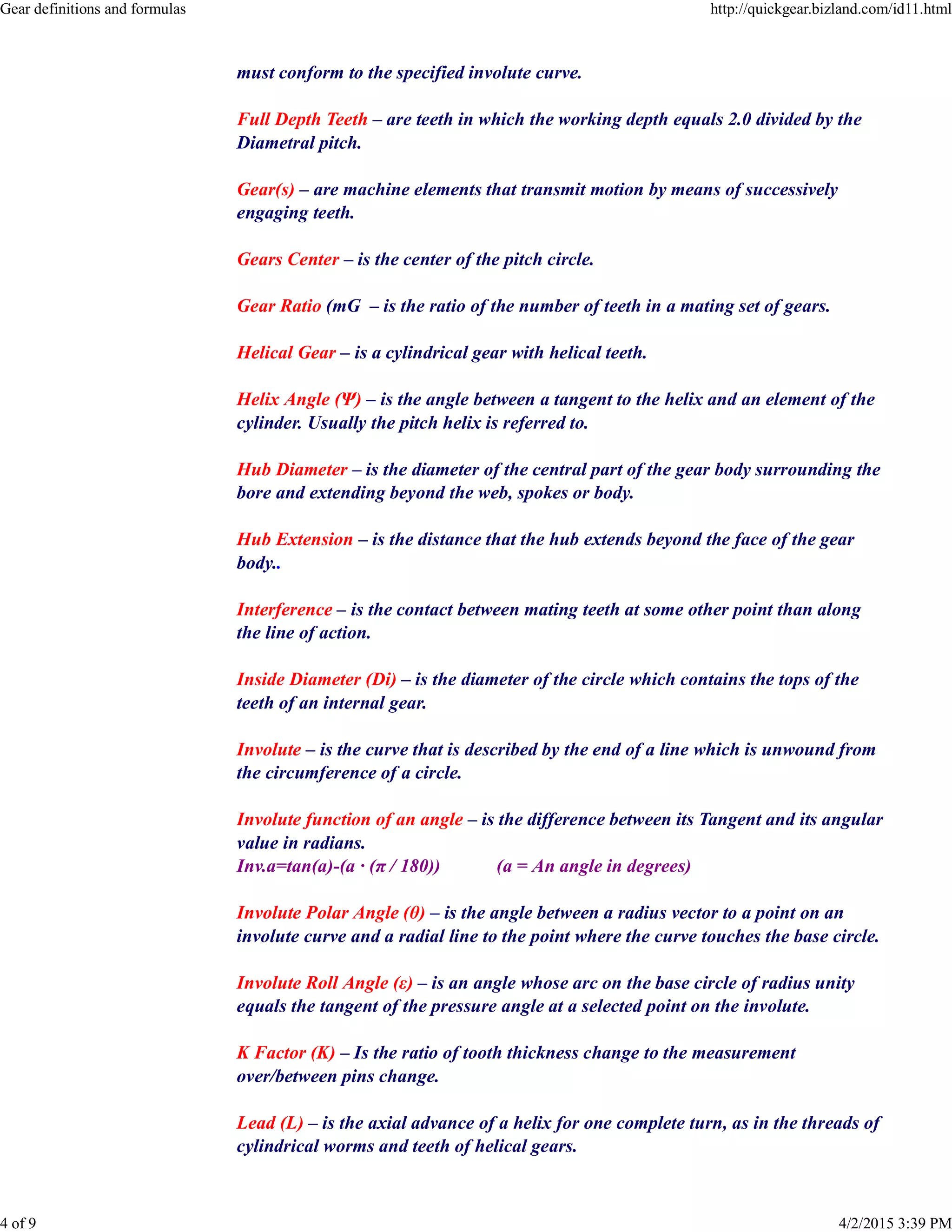 Gear definitions and formulas | PDF