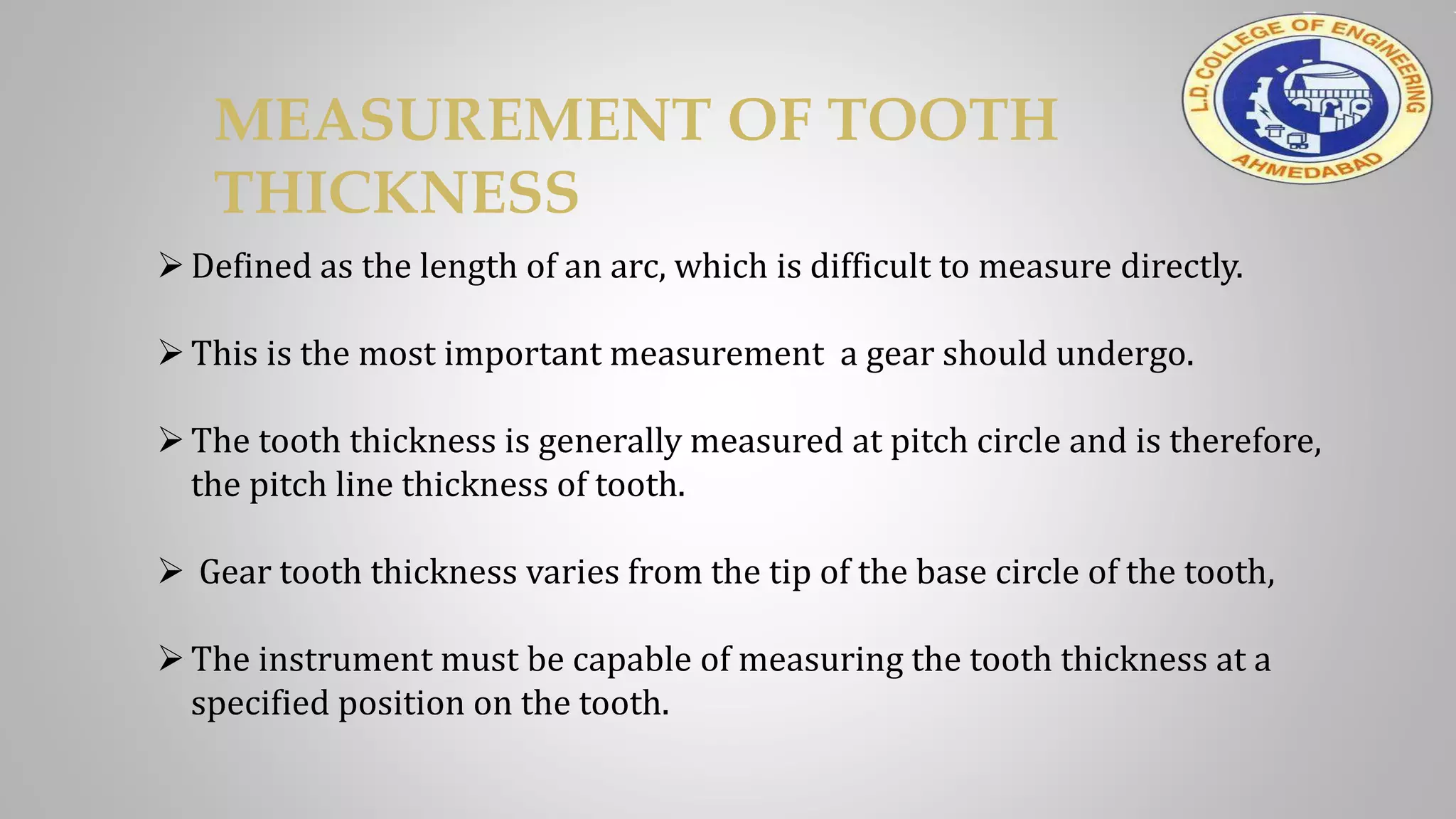 Gear measurements:- MECHANICAL MEASUREMENTS AND METROLOGY | PPTX