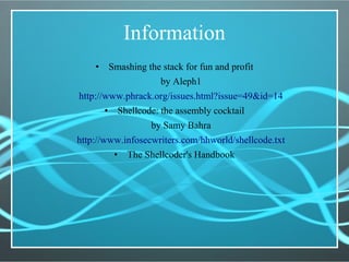 Design and Implementation of Shellcodes. | PPT