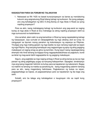 GEC9 - Ang Buhay at Akda ni Rizal - Discussion Forum Week 2 | PDF