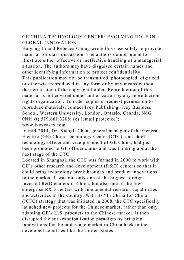 GE CHINA TECHNOLOGY CENTER EVOLVING ROLE IN GLOBAL INNOVATIONHa.docx ...