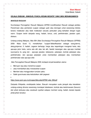 GEJALA RASUAH : MAKSUD, PUNCA, KESAN NEGATIF DAN CARA MENANGANINYA | DOCX