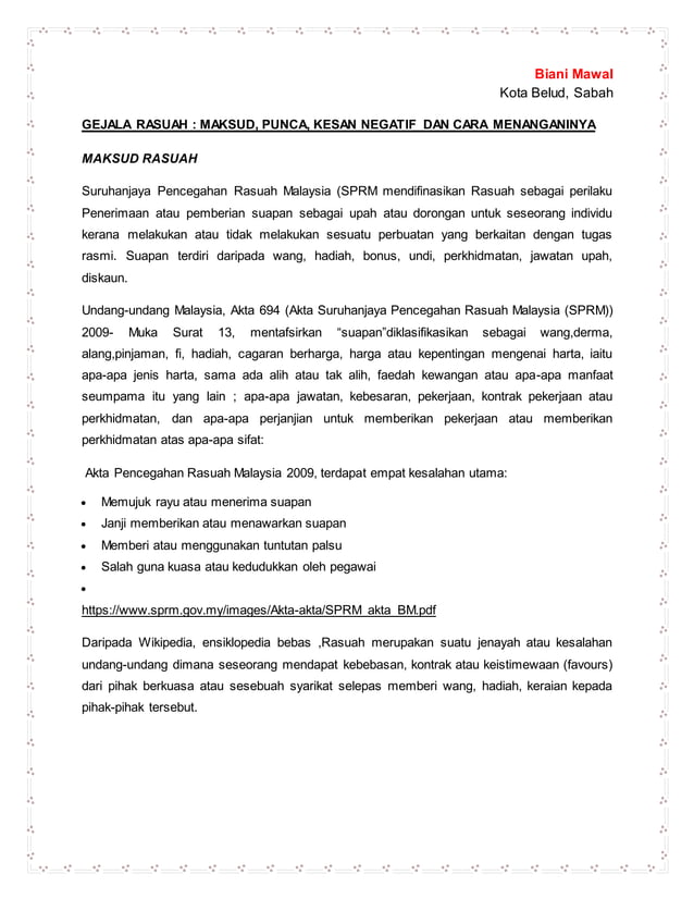 GEJALA RASUAH : MAKSUD, PUNCA, KESAN NEGATIF DAN CARA MENANGANINYA | DOCX