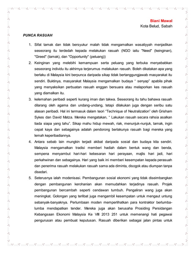 GEJALA RASUAH : MAKSUD, PUNCA, KESAN NEGATIF DAN CARA MENANGANINYA | DOCX