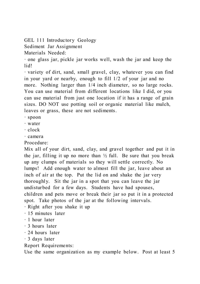 GEL 111 Introductory GeologySediment Jar AssignmentMaterials N | DOCX ...