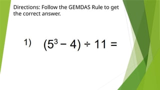 GEMDAS Exercises Powerpoint Presentation for Grade Six | PPTX