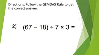 GEMDAS Exercises Powerpoint Presentation for Grade Six | PPTX