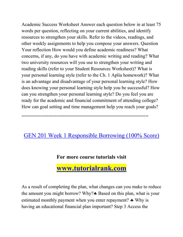 GEN 201 Enhance teaching/tutorialrank.com | Student Loans | Personal Debt