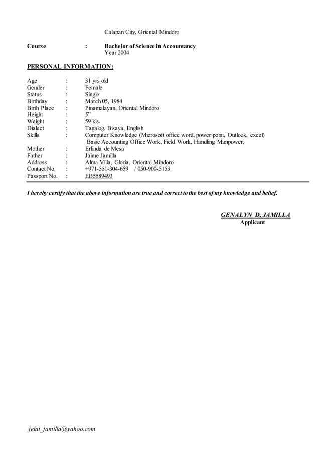 Genalyn d. jamilla cv | PDF