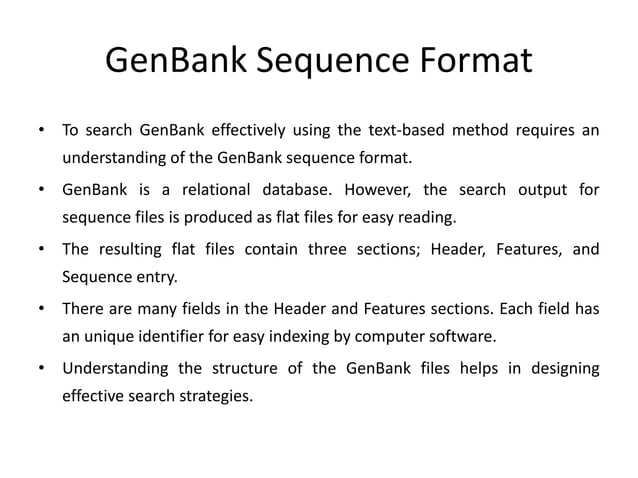 Gen bank databases | PPTX | Databases | Computer Software and Applications