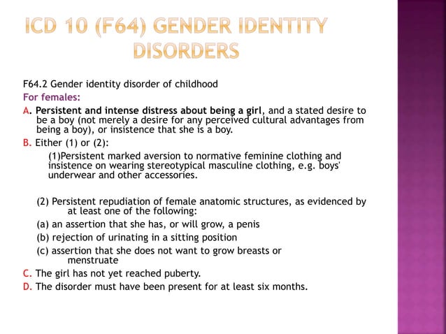 Gender dysphoria OR GENDER IDENDITY DISORDER DSM 5 | PPTX | Hormonal ...